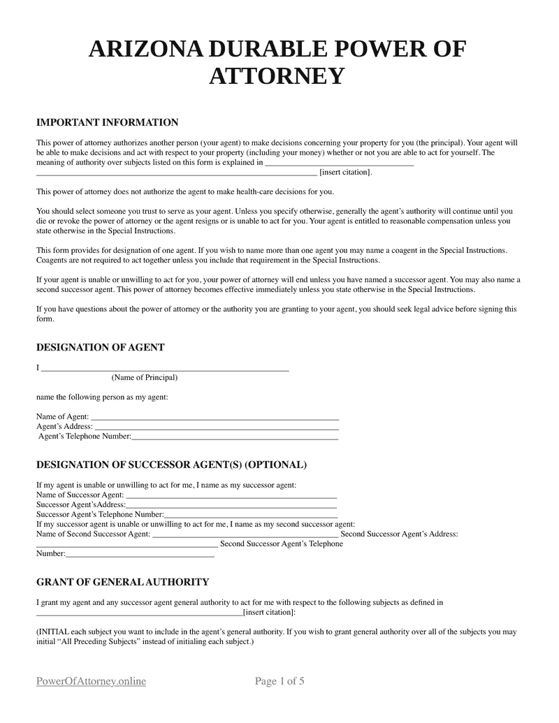 Free Arizona (AZ) Power of Attorney Forms & Templates | PDF