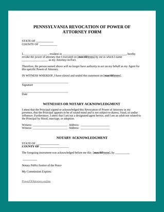 Free Pennsylvania Revocation of Power of Attorney Form