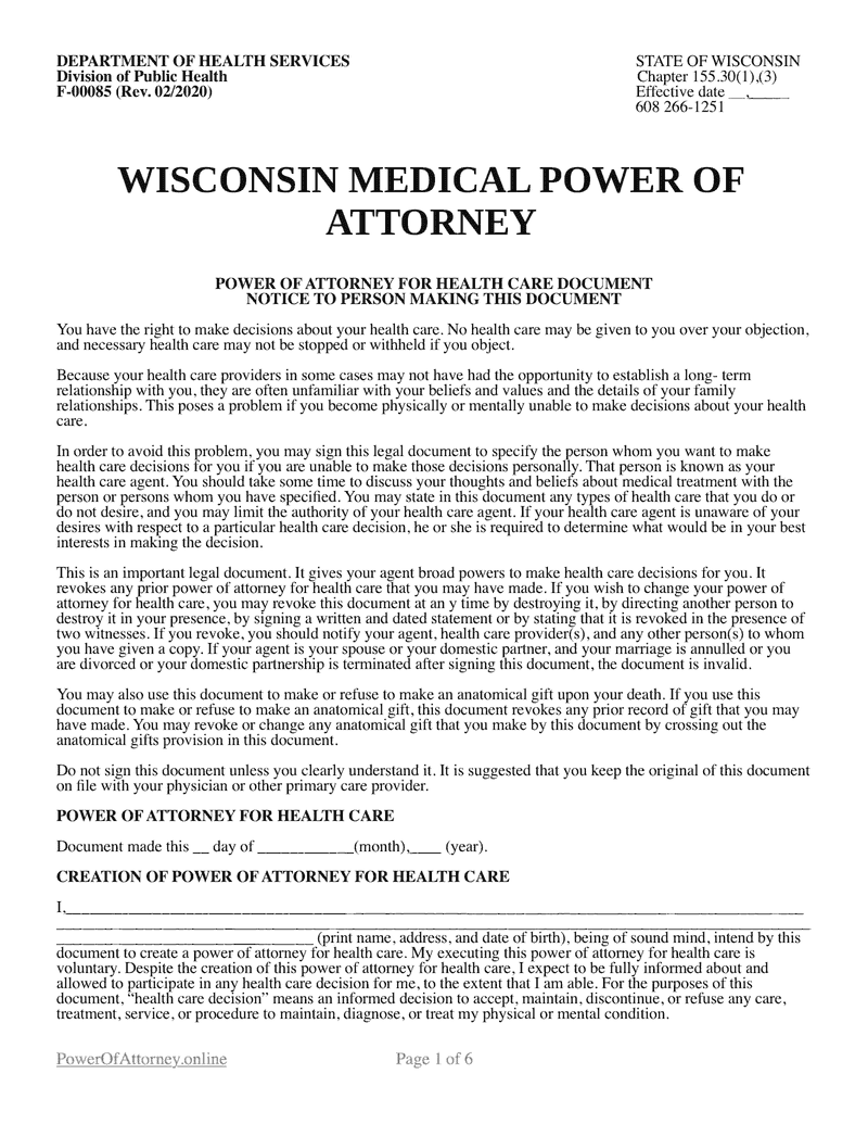 Free Wisconsin (WI) Medical Power of Attorney Forms & Templates | PDF